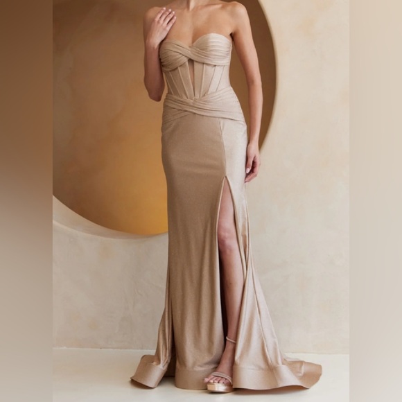 Amelia Couture | Dresses | Elegant Gold Tan Gown With High Slit For ...